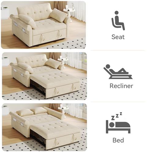 DWVO Sleeper Sofa Bed 3-in-1 Convertible Couch with Pullout Bed, Reclining Backrest, Storage Pockets, Modern Space Lounge Furniture for Living Room, Includes Toss Pillows, Beige