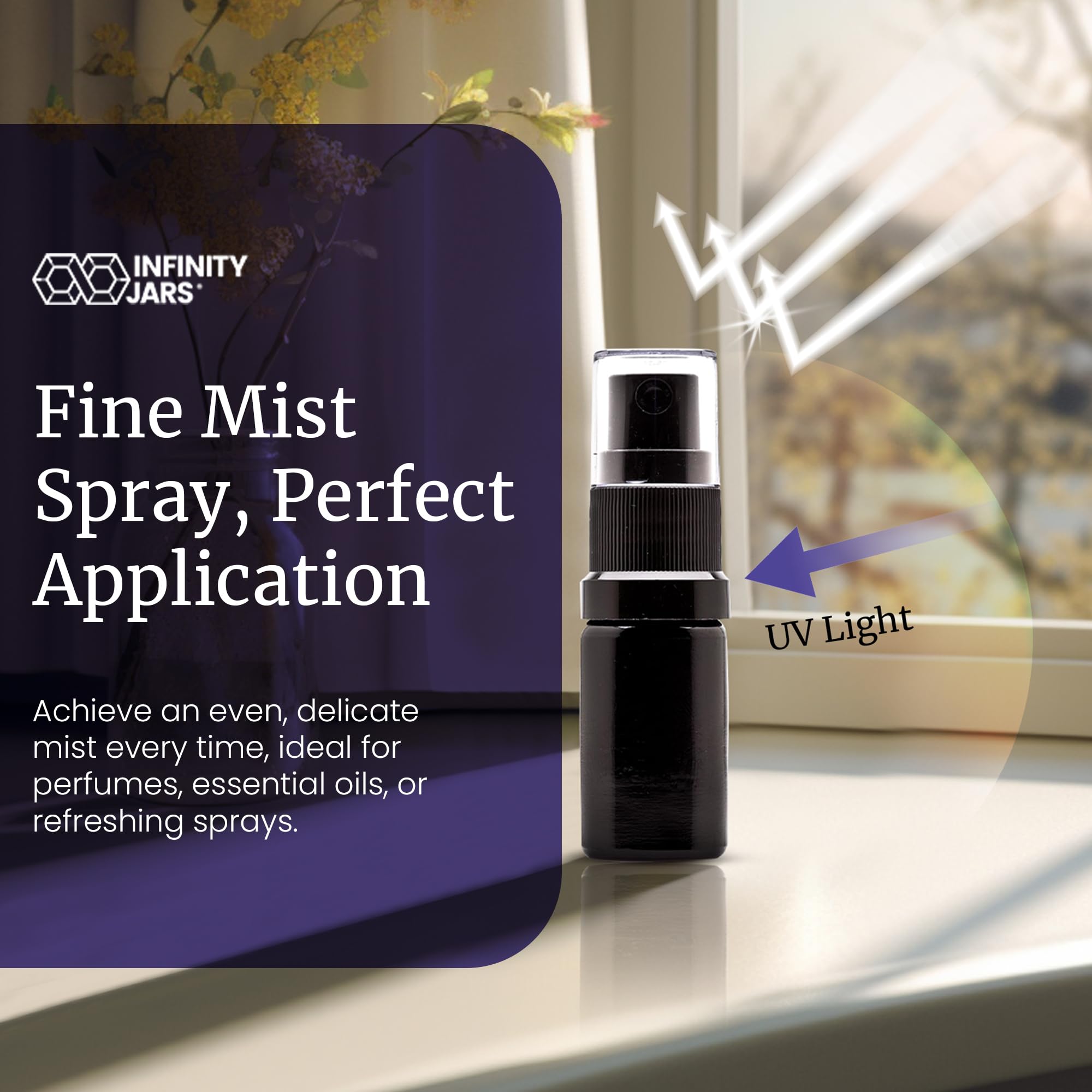Infinity Jars Black Ultraviolet Glass Fine Mist Spray Bottle 20 Ml (.67 fl oz) Cleaning Products Refillable Containers Homemade Perfume Blends Room, Sprays Bath Beauty Hair, Screw Top Bottles