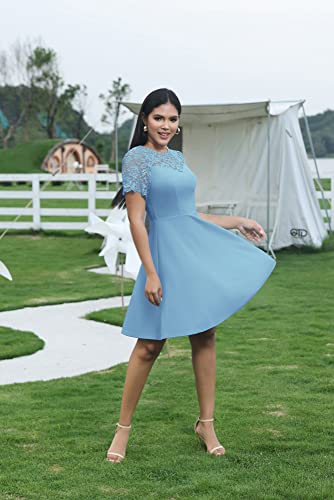 Kate Kasin Women's Retro Crewneck Lace Splicing A Line Cocktail Dress Formal Wedding Guest Party Sexy Prom Dresses Short Light Blue S