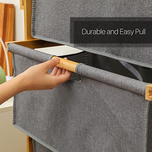 MoNiBloom Bamboo Organizer Clothing Storage Shelf with 4 Part Compartment Sorter Baskets Fabric Removable Clothes Drawers for Bedroom Laundry Living Room, Grey