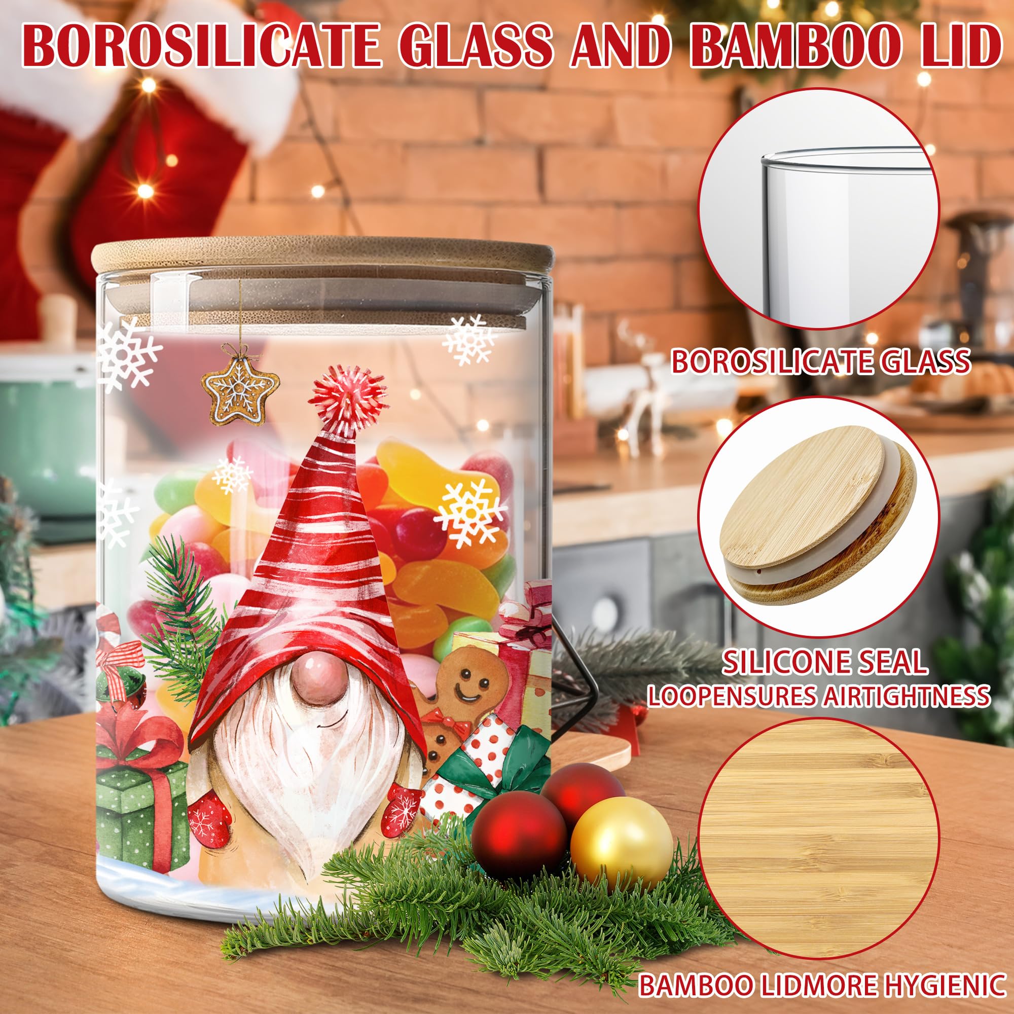 Christmas Decorations 3 Pack Glass Storage Jars-Christmas Gnome Canisters Sets with Airtight Bamboo Lid for Kitchen Countertop Snowman-Christmas Kitchen Decor Clear Glass Storage Jars Santa Claus