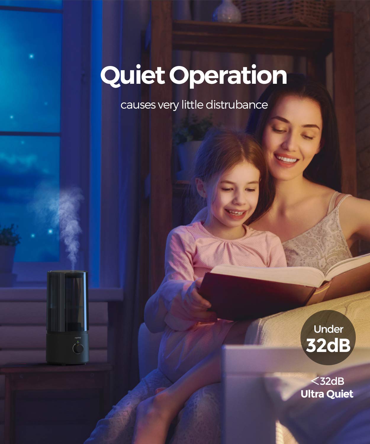 raydrop Humidifiers for Bedroom, Cool Mist Humidifiers for Babies, 1.70L Quiet Ultrasonic Humidifier, Space-Saving, Filterless, Auto Shut Off - (0.45 Gallon, US 110V)
