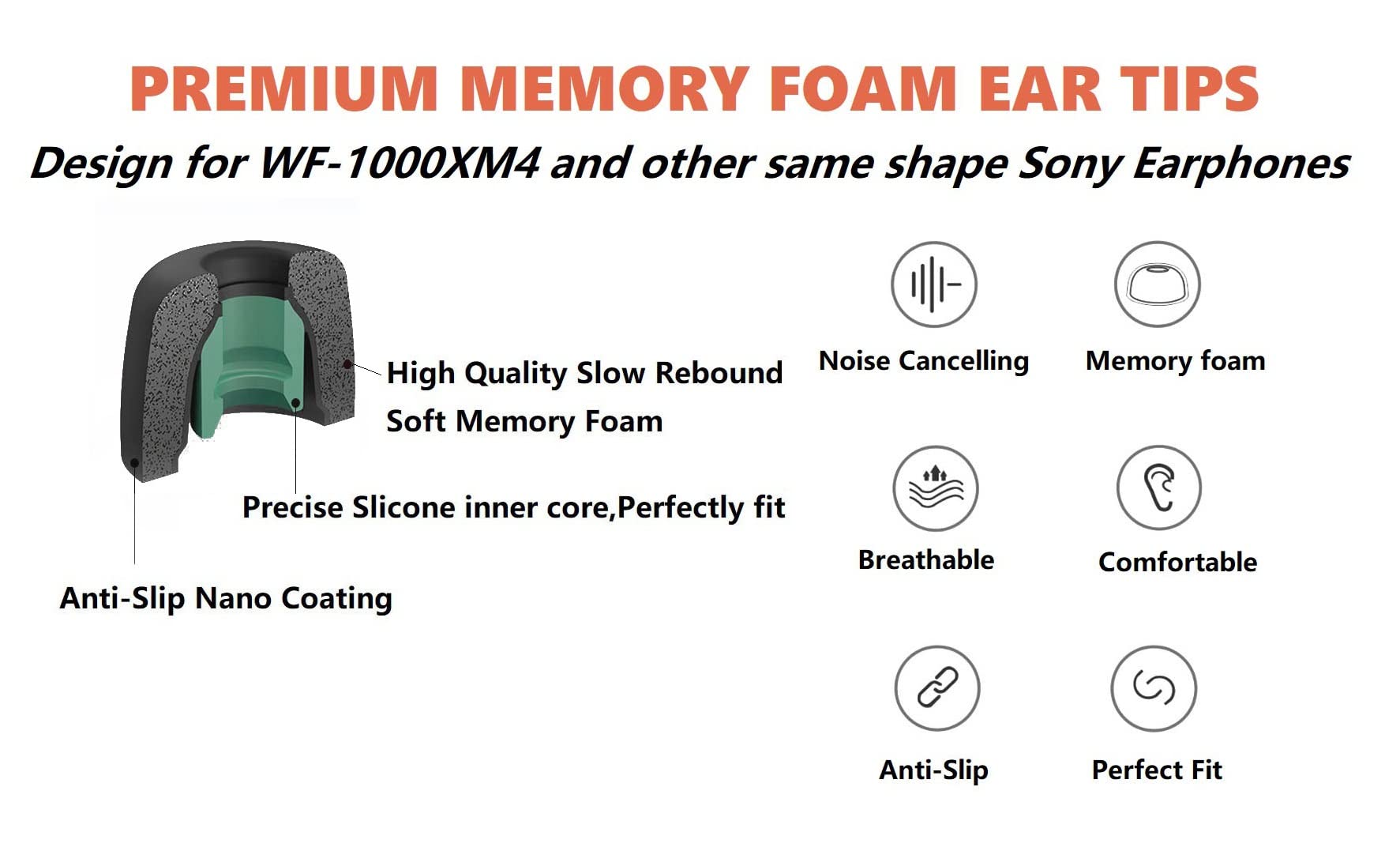 BLLQ Memory Foam Ear Tips Eartips Compatible with Sony Earphones WF 1000XM4 Earbuds, Replacement Foam Tips for 1000XM3 / WF-C500 / LinkBuds S, Fit in Charge Case, Large Size 3 Pairs, xm4flb Black L