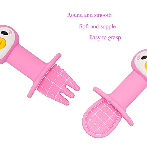 KAVONOI Baby Toddler Silicone Suction Plate with Spoon&Fork And Adjustable Bib Set,Silicone Baby Feeding Utensils Set,Baby Toddler Led Weaning Supplies Set-Pink Owl Set