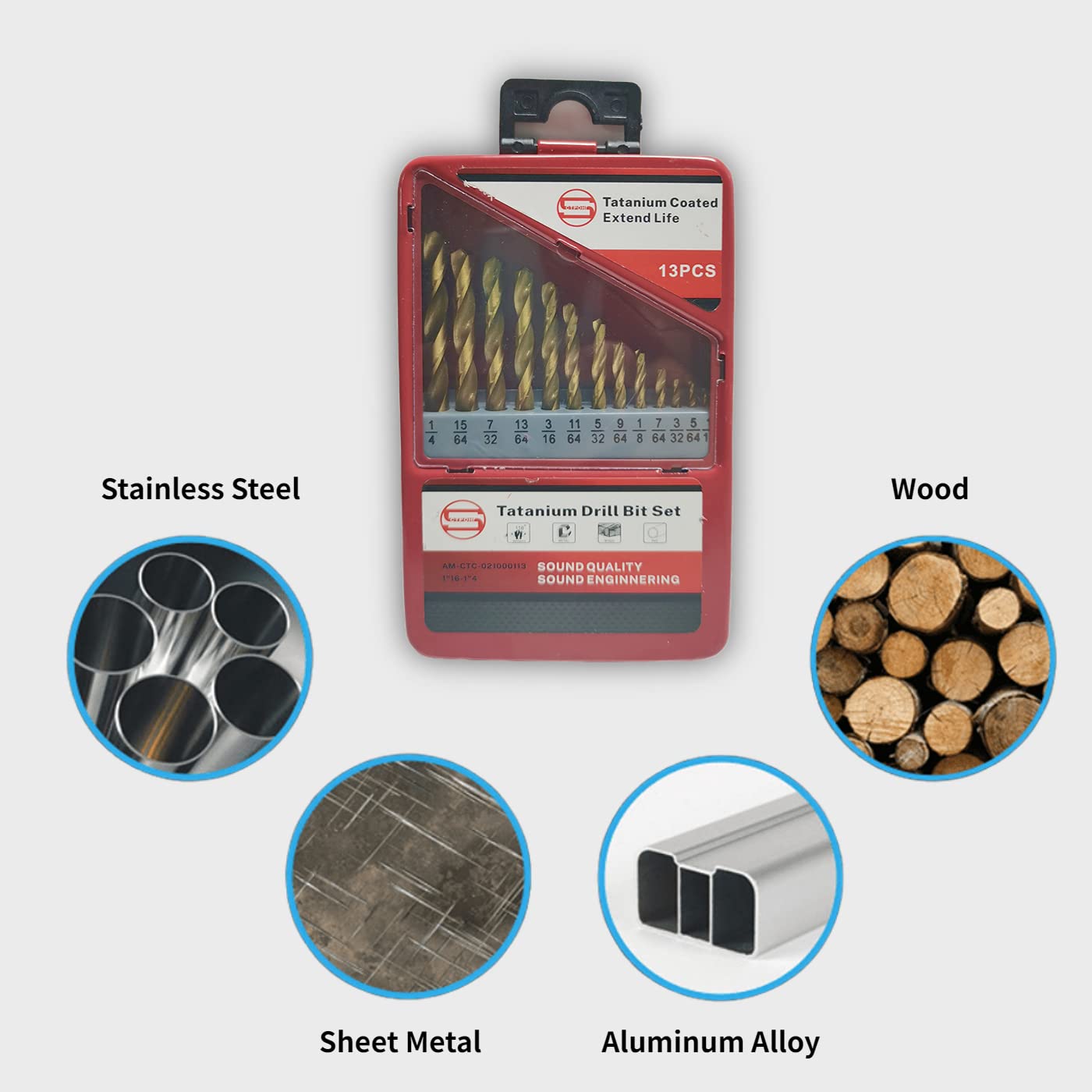 CTPOHT Titanium Drill Bit Set- 13Pcs Drill Bit Set High-Speed Steel with 135 Degree Split Point Tip for Wood, Plastic, Aluminum and Alloy, Round Straight Shank (13 Packs in 1/16"-1/4")