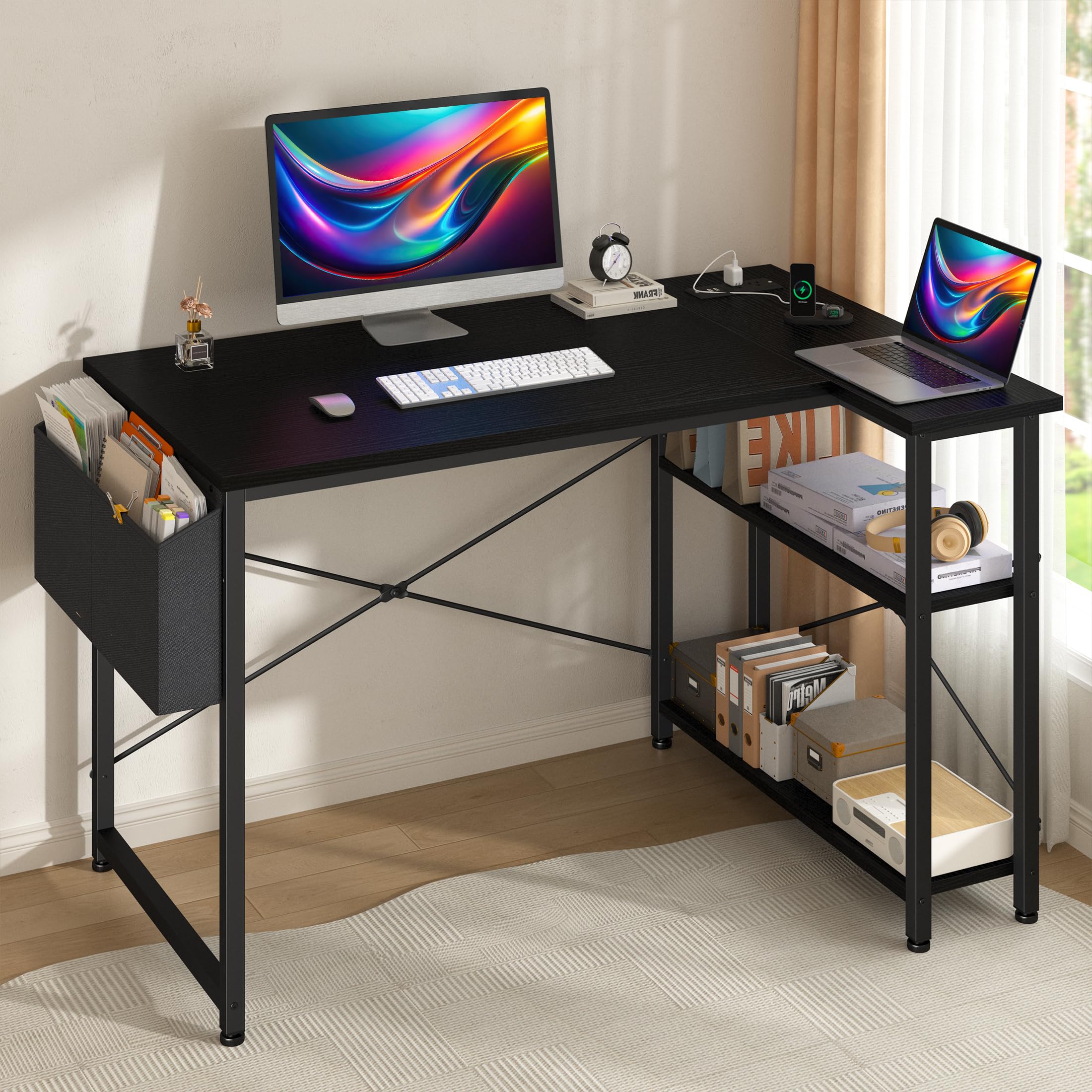 EnHomee L Shaped Computer Desk with File Drawer & Power Outlet, 40" Computer Desk with Storage Bag and Reversible Shelves, Home Office Desk Corner Table for Work, Writing and Study, Black