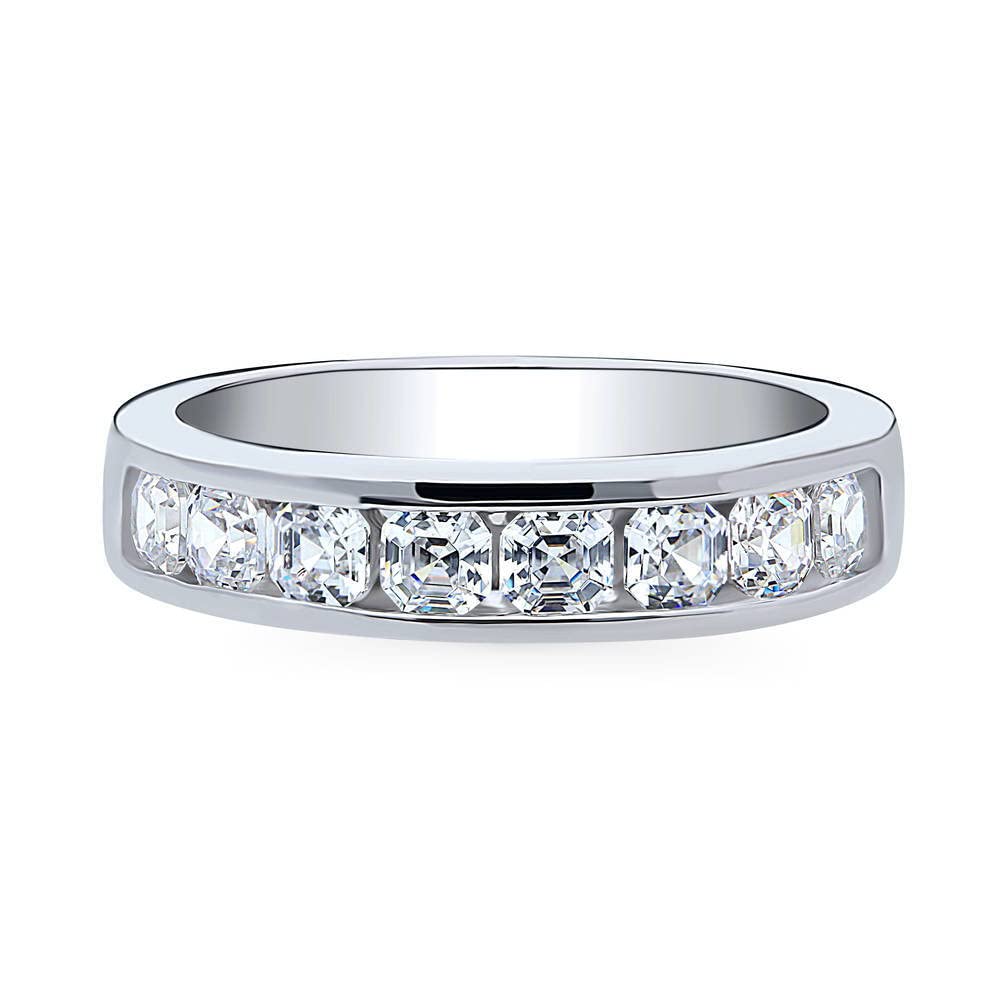 BERRICLE Sterling Silver Wedding Rings Channel Set Asscher Cut Cubic Zirconia CZ Anniversary Half Eternity Ring for Women, Rhodium Plated Size 7