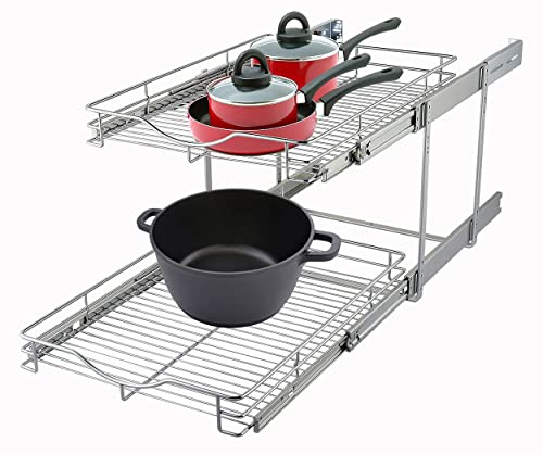 DINDON 2 Tier Pull Out Cabinet Organizer (20" W X 21" D), Double Tier Wire Basket Slide Out Shelf Storage for Kitchen Base Cabinet Organization for Kitchen, Pantry, Bathroom, Chrome