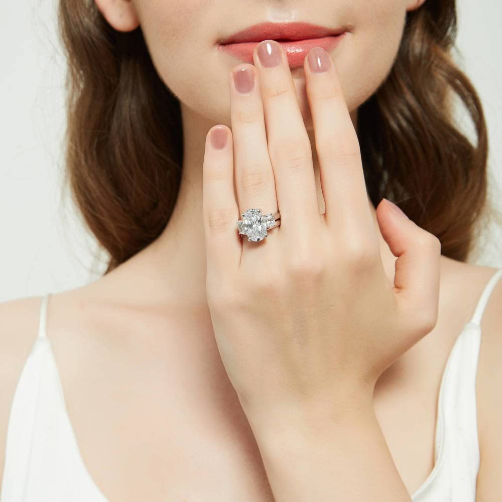 BERRICLE Sterling Silver 3-Stone Wedding Engagement Rings Oval Cut Cubic Zirconia CZ Ring Set for Women, Rhodium Plated Size 6