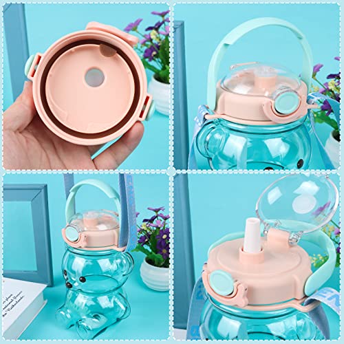 Kawaii Bear Straw Bottle,Large capacity bear water bottle with Strap and Straw , Cute Portable Bear shaped water Bottle Adjustable Removable Strap for outdoor and school activities(blue)