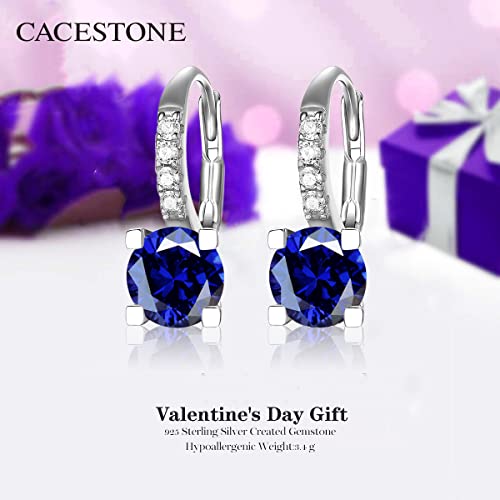 CACESTONE Created Blue Sapphire Earrings Cubic Zirconia Sterling Silver Gemstone Hoop Dangle Earrings for Women Anniversary Birthday Gift September Birthstone Earrings