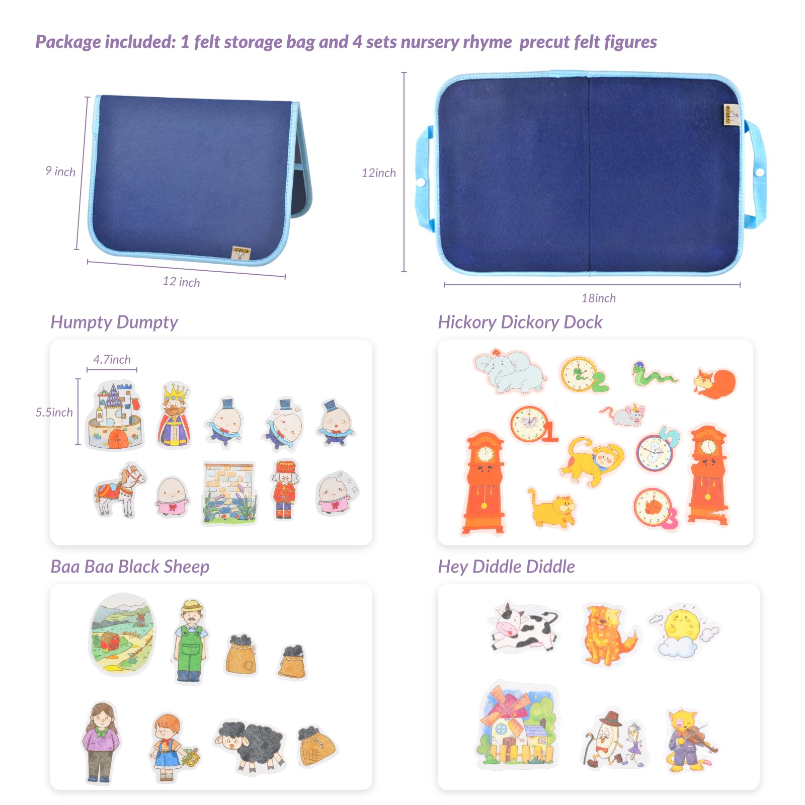CHEFAN Felt Board for Toddlers, 4 Set Nursery Rhymes Felt Pieces, Precut Flannel Figures, Humpty Dumpty,Hey Diddle Diddle,Hickory Dickory Dock,Baa Baa Black Sheep