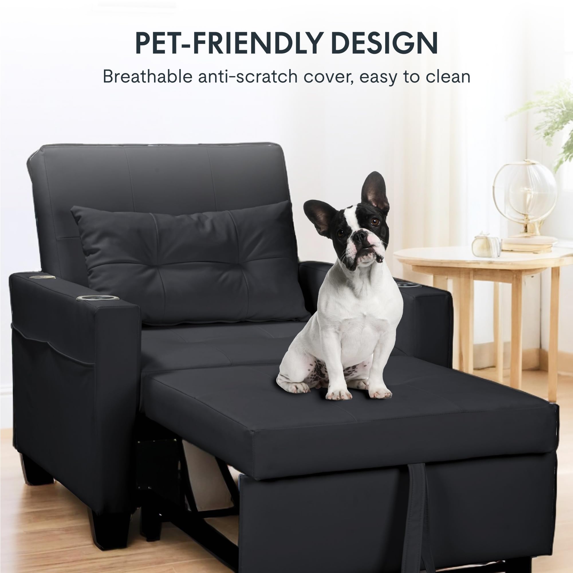 FLEXISPOT XCT2 Sleeper Chair Bed, Sofa Bed Chair 3 in 1 w/USB Port, Pillow, Cup Holders, Convertible Pull Out Bed W/Adjustable Backrest for Living Room Apartment Small Space, Black