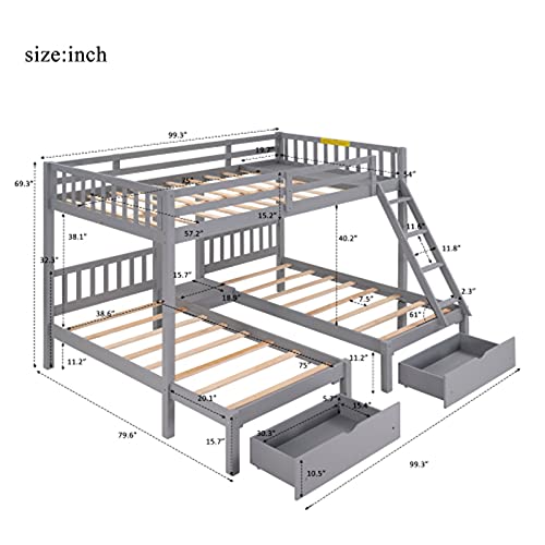 MOOLO 3-1 Full Over Twin, Twin Bunk Bed, Wood Triple Bunk Bed with Drawers and Guardrails for Kids Teens Adults(Color:Gray)