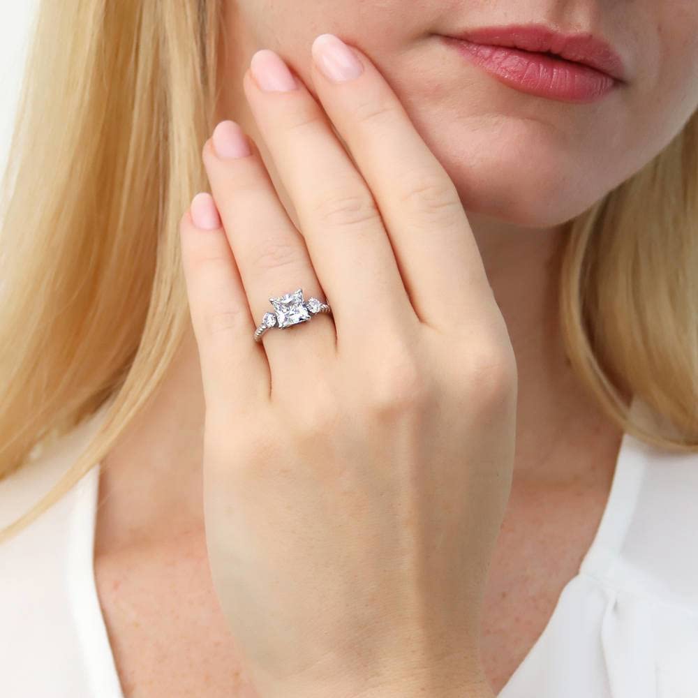 BERRICLE Sterling Silver 3-Stone Wedding Engagement Rings Princess Cut Cubic Zirconia CZ Woven Ring for Women, Rhodium Plated Size 5