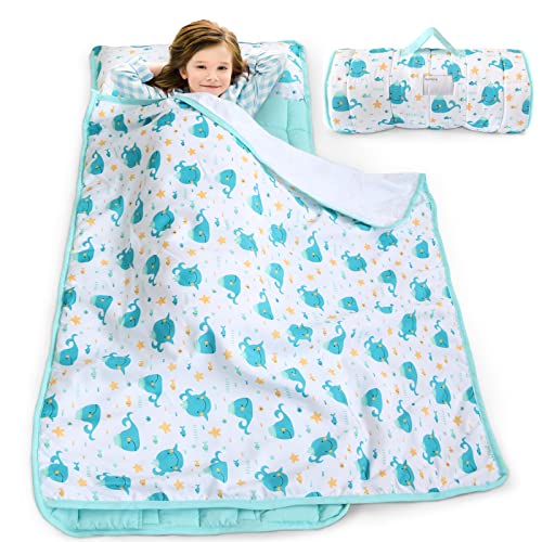 Toddler Nap Mat with Pillow and Fleece Blanket & Floor Lounger Reading Pillow Mattress Bed Cover, Whale