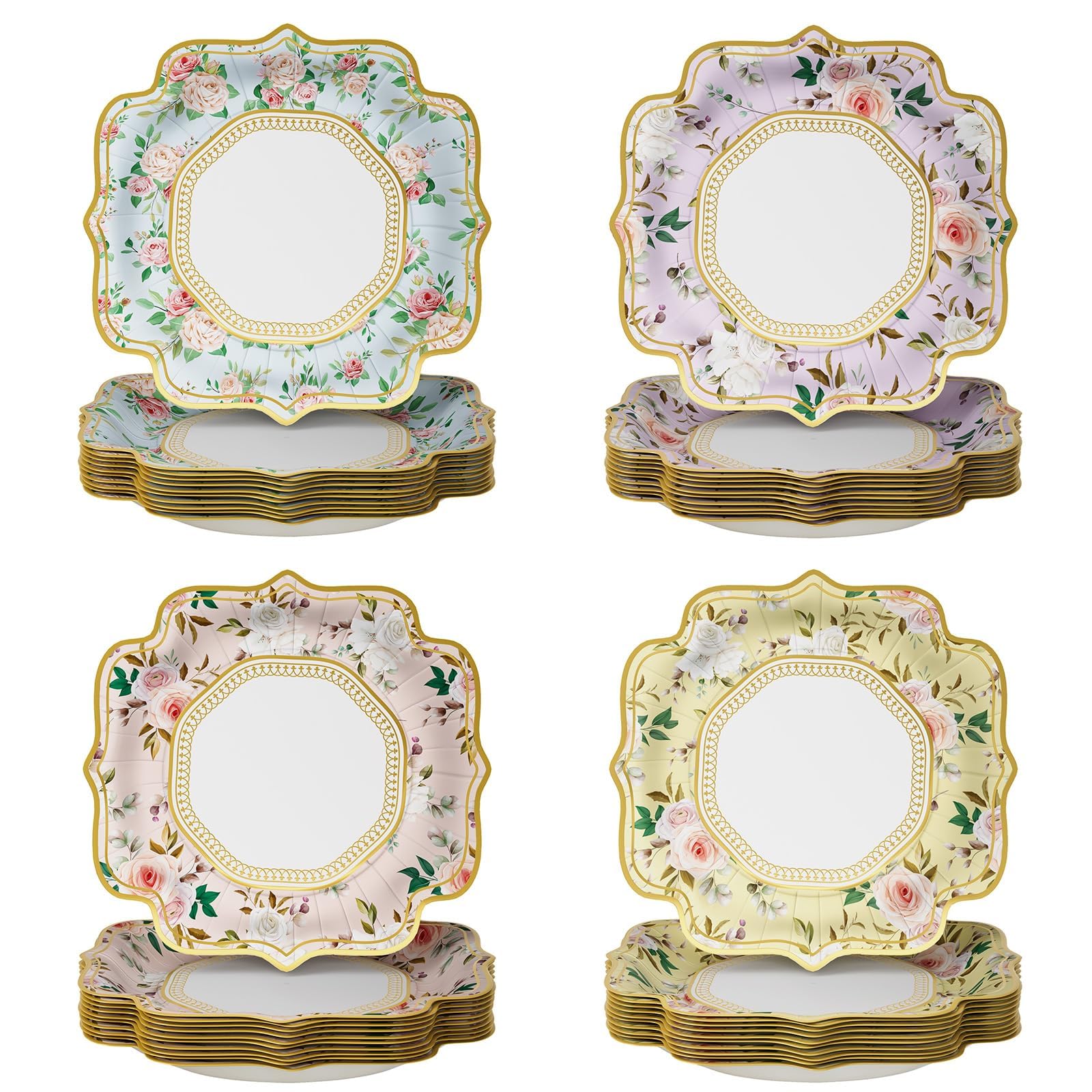 Eopelsm Floral Paper Plates Spring Tea Party Disposable Plates Tableware for Mother's Day Blossom Flower Fairy Garden Bridal Birthday Baby Shower Party Supplies, Pack of 48 (9 inch)