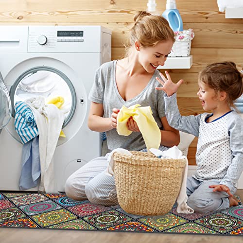 moonysweet Boho Anti Fatigue Kitchen Rug Mat Non Skid Cushioned Waterproof Non Slip PVC Leather Runner Standing Mat Colorful 17" x 29" +17" x 47" Set of 2 (2 Pieces)