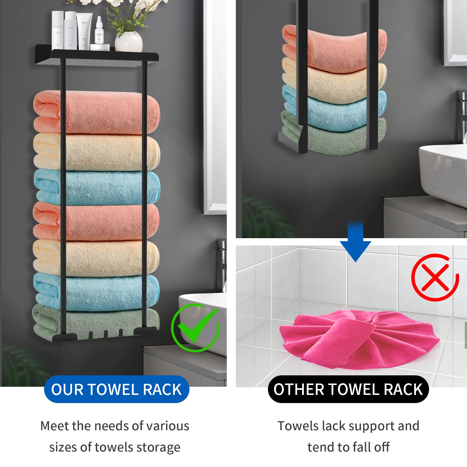 Filta Towel Rack with Shelf for Bathroom Wall Mounted,Retractable Height Metal Bath Towel Rack with Reliable Hooks Storage for Rolled Towel(Black)
