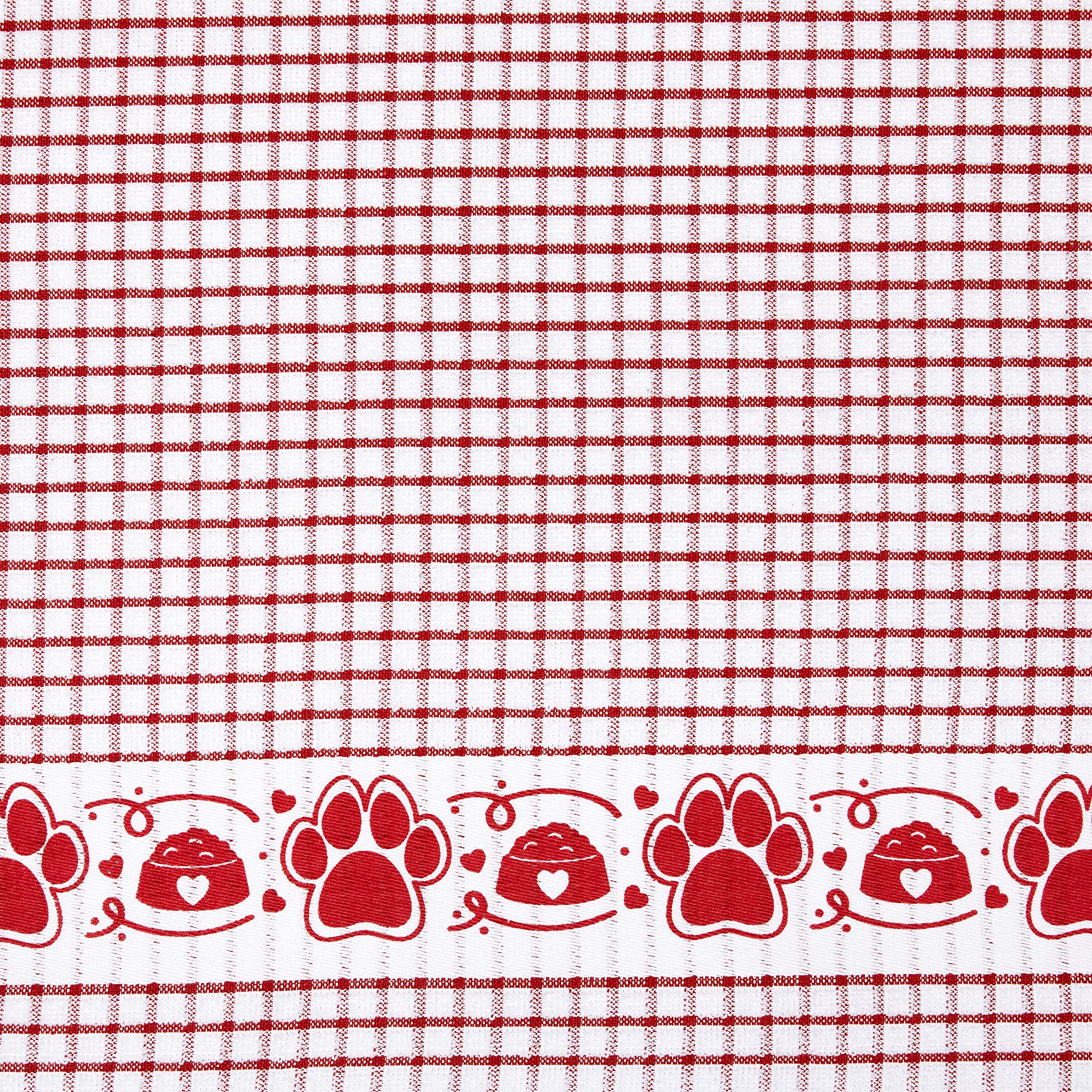 Cackleberry Home Paw Prints Terrycloth Kitchen Towels Windowpane Check Fabric, Set of 4 (Red)