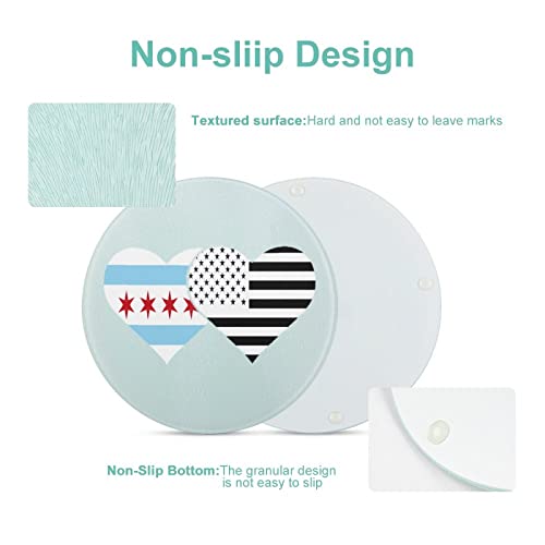 Chicago Flag and American Flag Glass Cutting Board Round Kitchen Decorative Chopping Blocks Mats Food Tray for Men Women