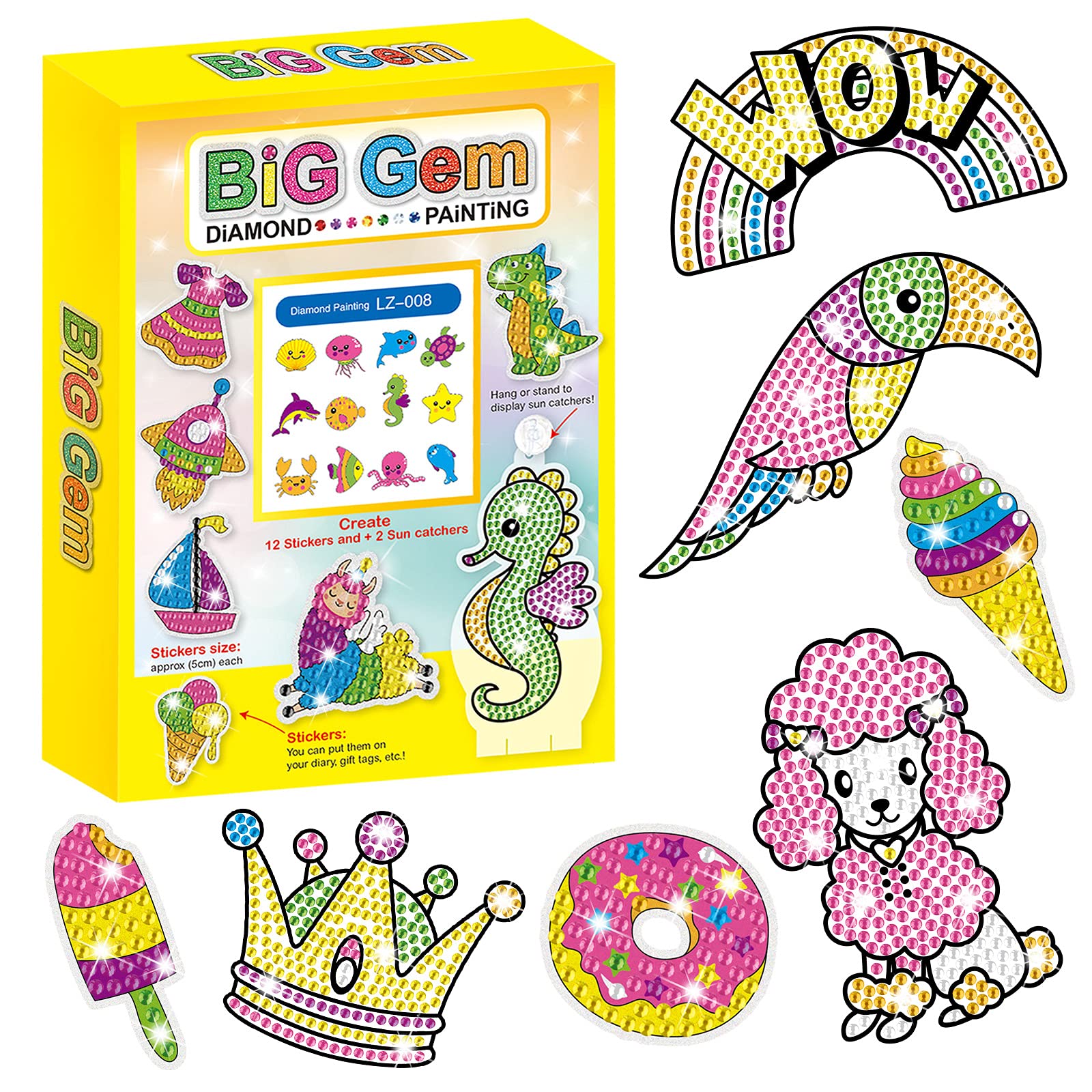 MEIEST Gem Diamond Painting Kits for Kids,24 PCS Fun DIY Mosaic Stickers by Numbers Kits,4 PCS Sparkly Suncatchers Creative Arts and Crafts Set and Handmade Gift(Sweets + Magical)