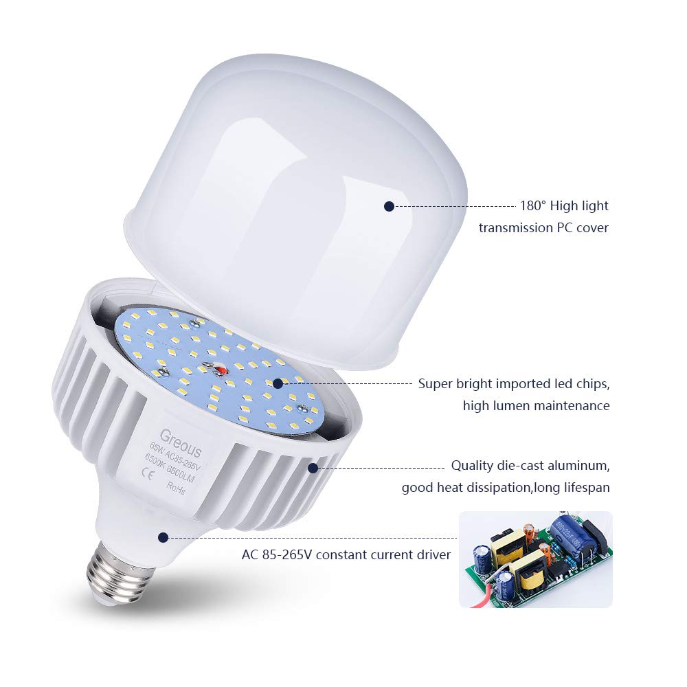 Greous Super Bright 400W-500W Light Bulb Equivalent, 65W LED Bulb 120 Volt Cool White 6500K E26, 6500 Lumens,High Watt Commercial Retrofit LED Bulbs for Yard Garage Factory Warehouse Workshop