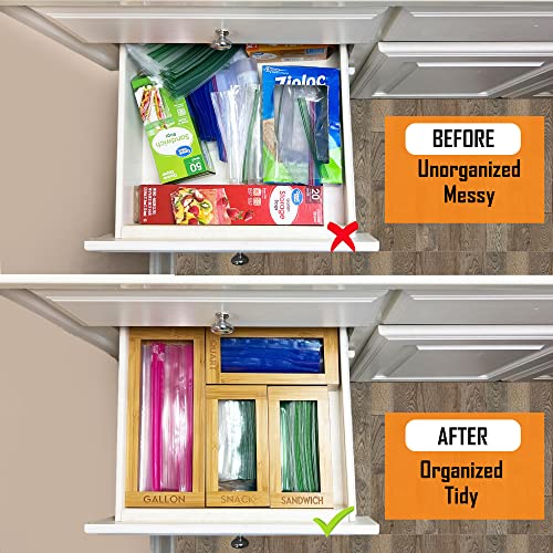MOOTCHA Bamboo Ziplock Bag Organizer for Kitchen Drawer w/Bigger Quart Size - Food Storage Bag Organizer compatible w/Slider/Freezer Bags - Snack, Quart, Sandwich, and Gallon Bags Dispenser
