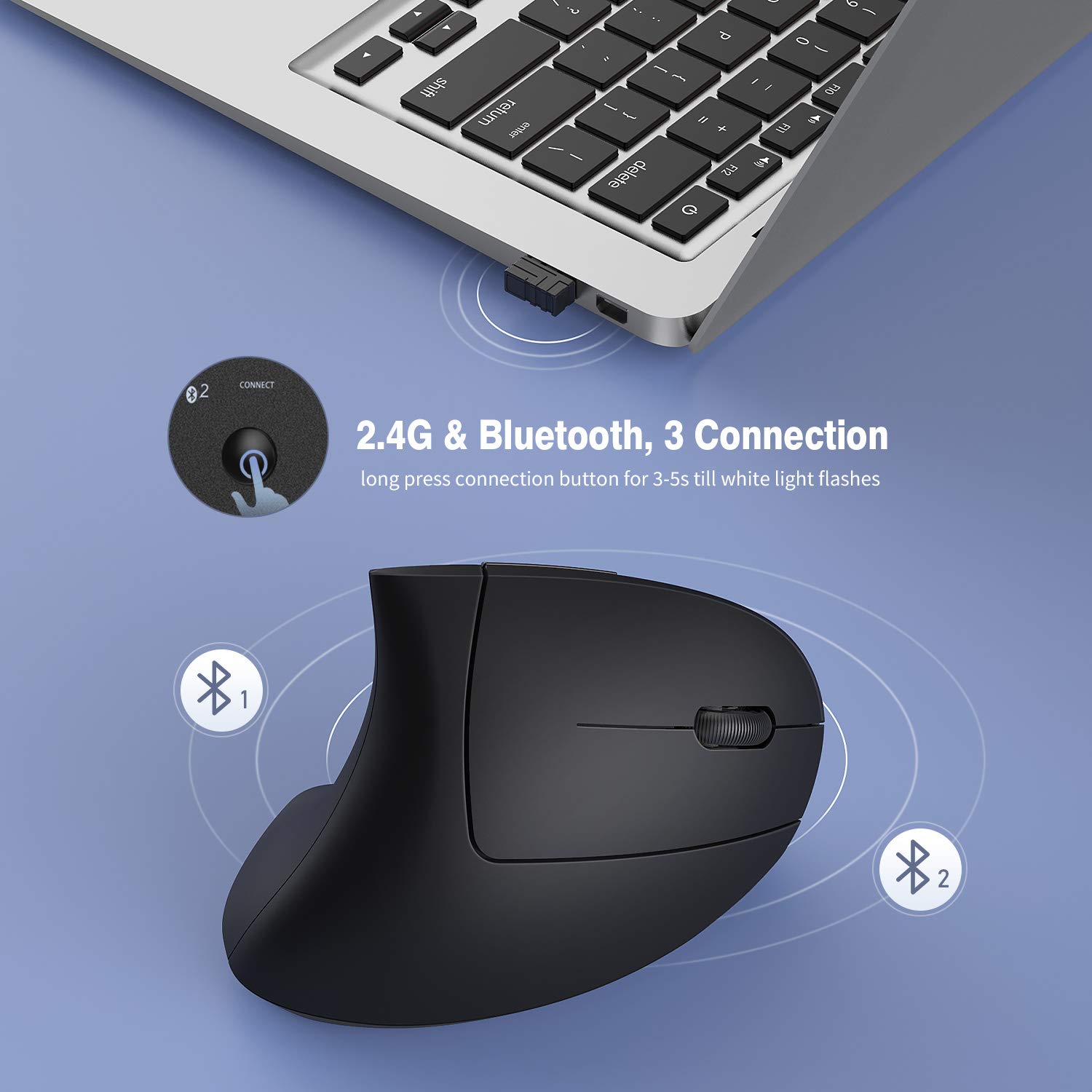 Bluetooth Ergonomic Mouse, 2.4G Wireless + Bluetooth Dual-mode Vertical Mice for 3 Devices, 6 Buttons, Silent Rechargeable Wireless Mouse for PC / Laptop / Desktop with Windows, Mac, Linux (Black)