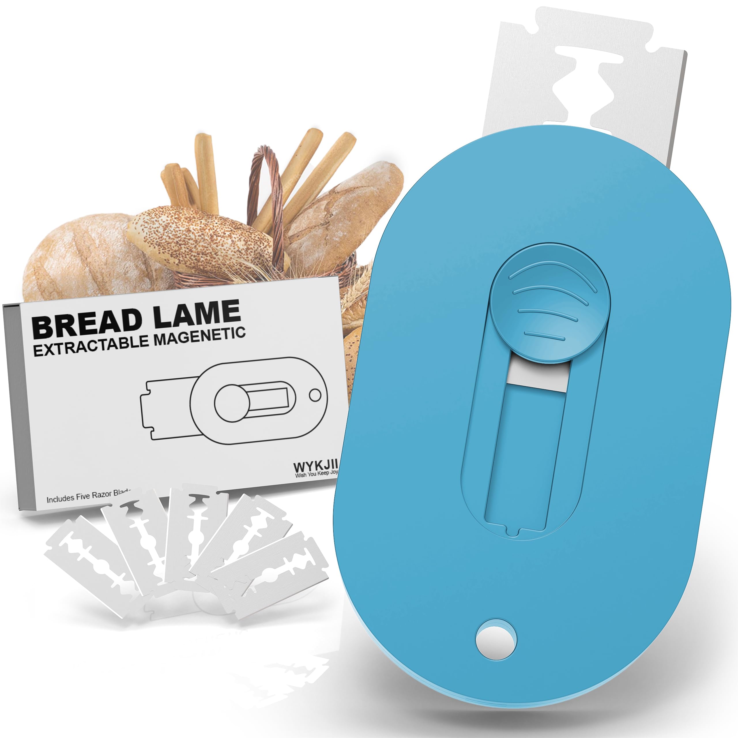 WYKJII Magnetic Bread Lame, Sourdough Scoring Tool, Retractable Push-Pull Handle for Professional Bread Scoring Tool, Lame Bread Tool,Sourdough Bread Baking Supplies, 5 Razor Blades (Black)