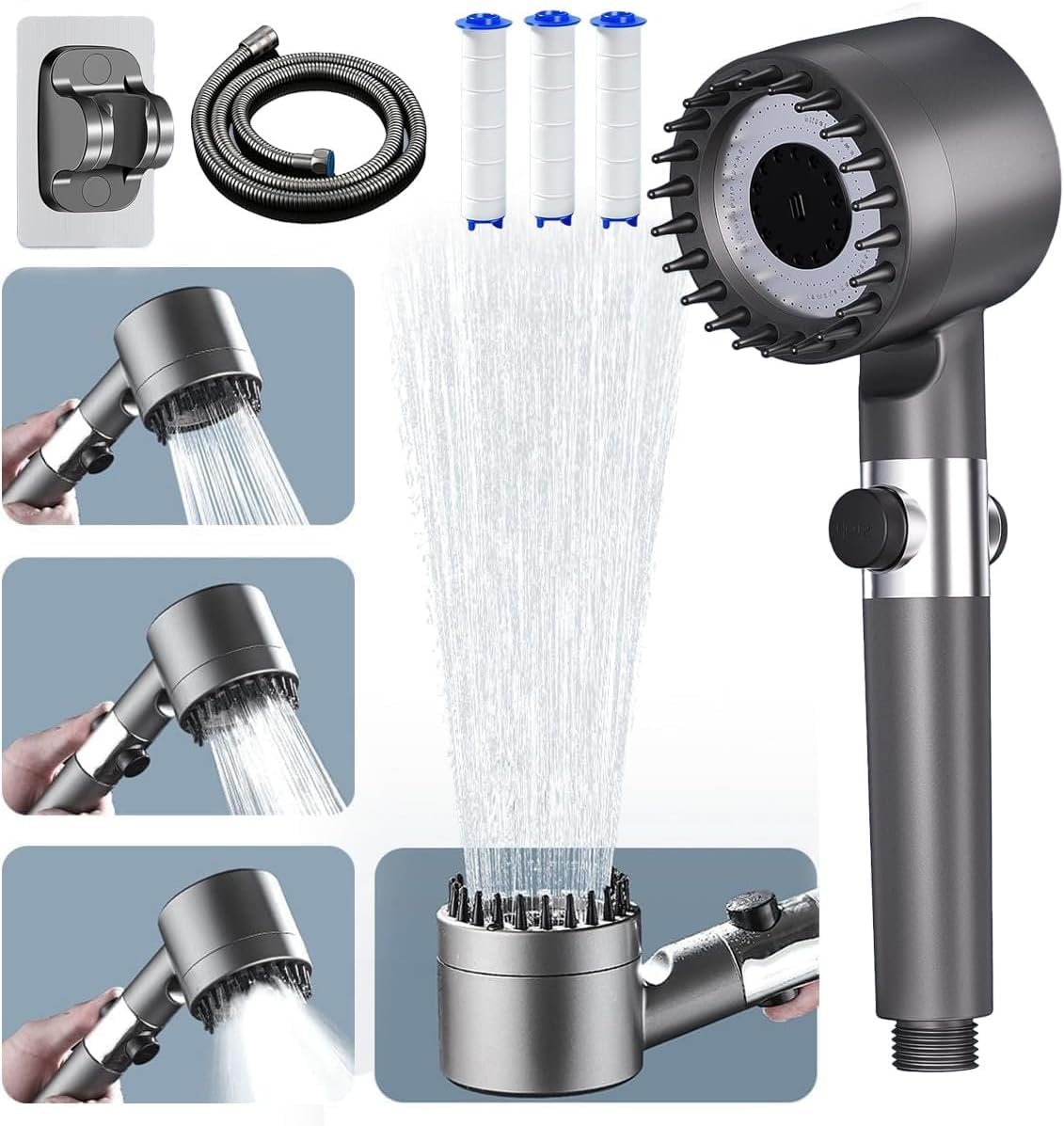 Filtered Shower Head with Handheld, High Pressure Shower Heads 4 Modes with 60 Inch Hose & Adjustable Bracket, Detachable Shower Filter Head for Hard Water with ON/OFF Switch for Bathroom