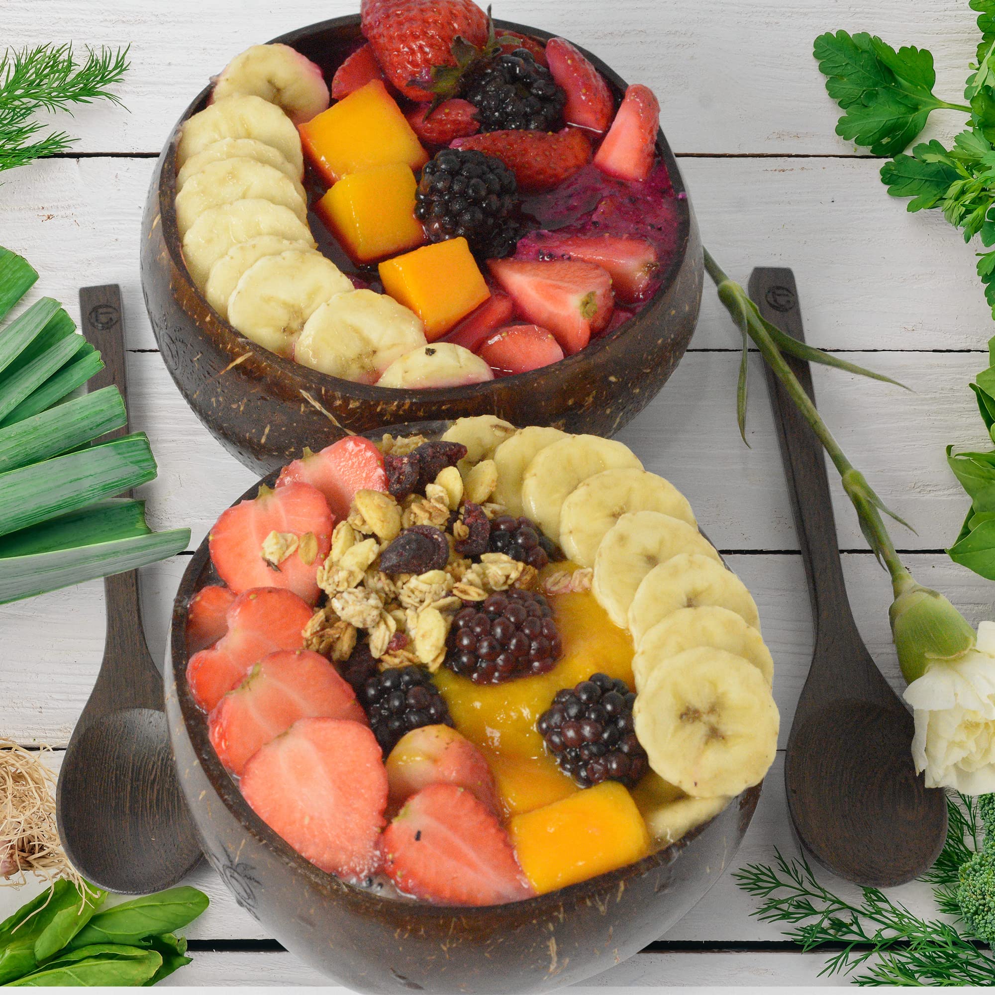 Coco TropEco Coconut Bowl Set of 4 - Handmade Bowls From Natural Coconut Shells + Wooden Spoons + Wood Forks and Bamboo Straws β Buddha Bowls Ideal for Acai Smoothie, Salad or Cereal β Polished β