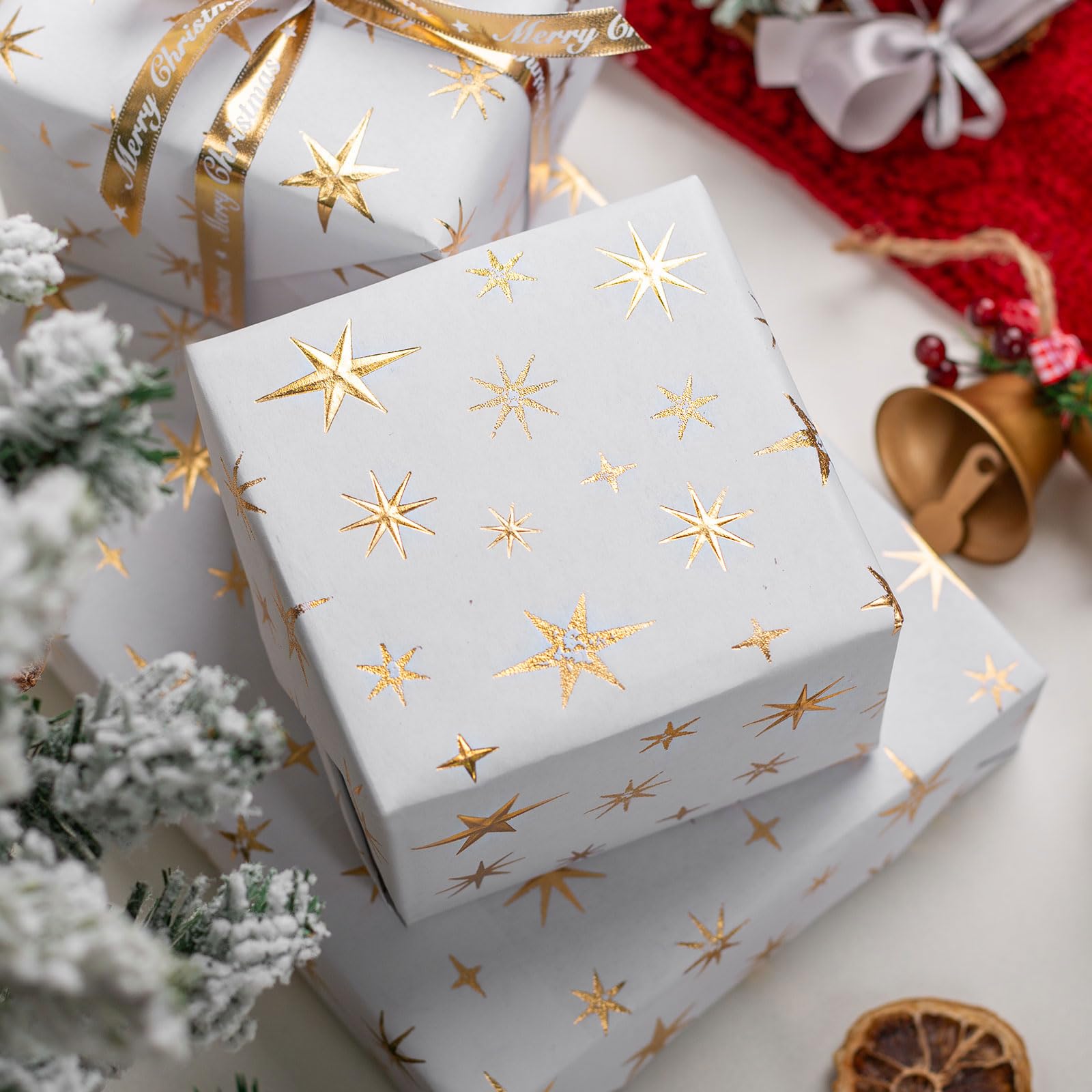 Flyhill White Wrapping Paper-17inch*197inch( 23.4sq.ft.ttl Per Roll - White Gold 3D Embossed Foil Star Pattern for Christmas,Birthday, Party,Wedding,Bridal Shower Shower,Thanksgiving