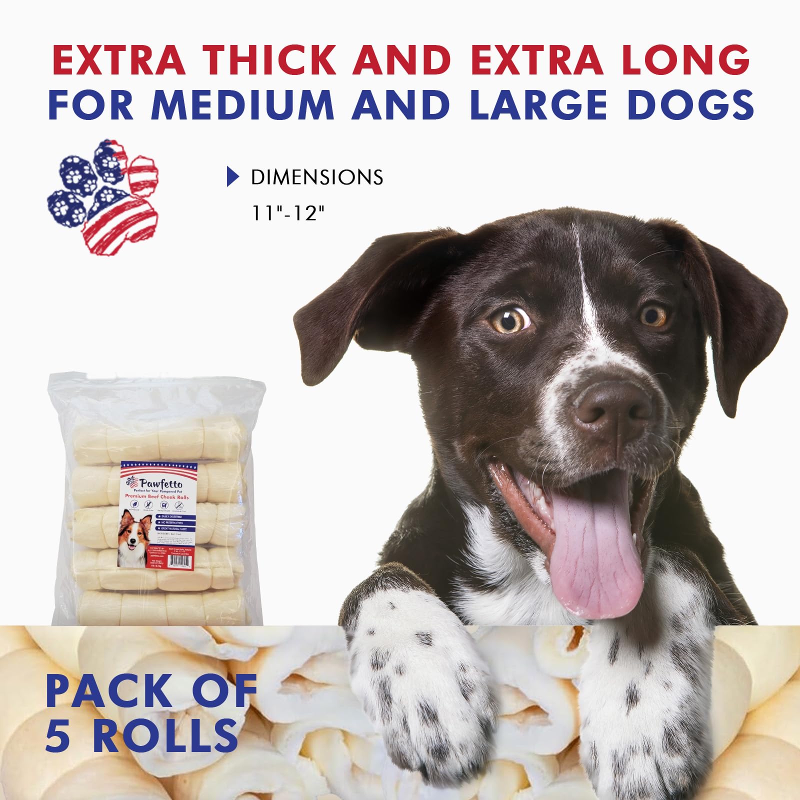 Pawfetto Premium Natural Flavored Beef Cheek Maxi Rolls for Dogs, No Hide Chews Long Lasting Extra Thick Treats Bones, Collagen Rawhide Alternative 11”-12” (Pack of 5)