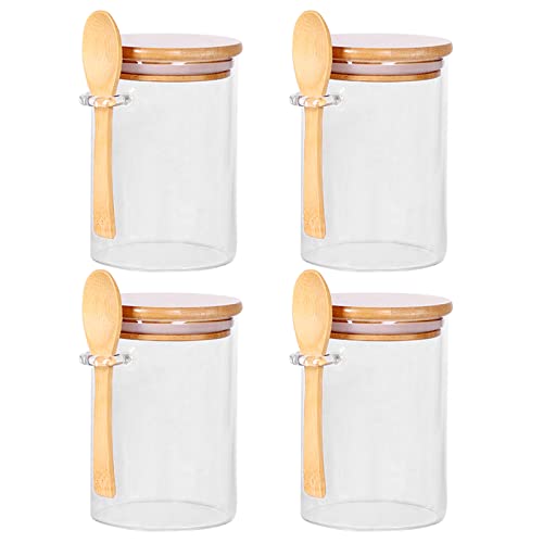 CZFWin Glass Jars with Bamboo Lids and Wooden Spoons Set of 4, Coffee Tea Sugar Container Set for Loose Tea Canister Storage, Overnight Oats Containers with Scoop for Seasoning, Coffee, Yogurt
