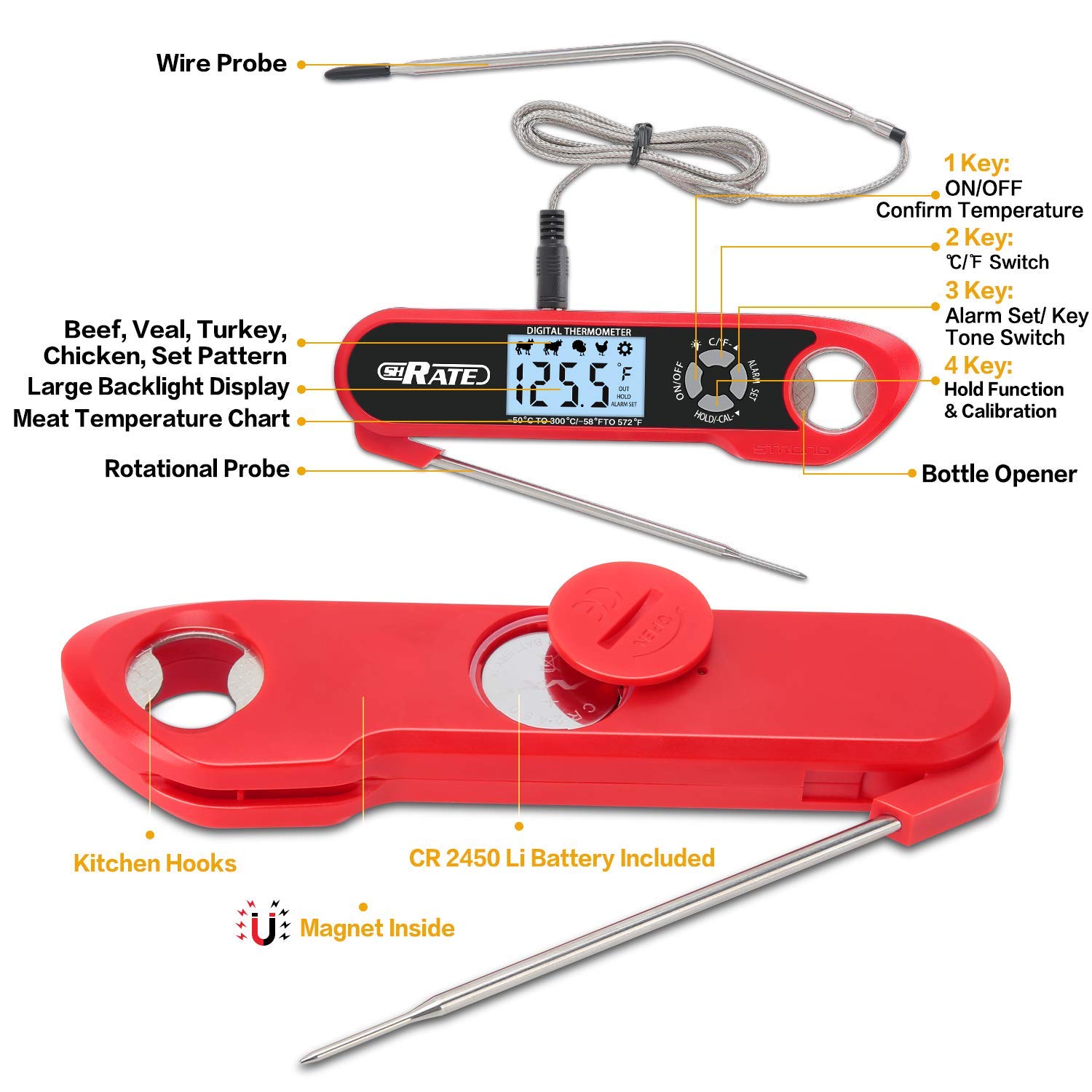 Digital Meat Thermometer for Oven, 5 Meat Temperature Settings 2-in-1 IP67 Waterproof 2s Instant Read Grill Cooking Food Thermometer with Dual Probe Magnet for Kitchen, Grill, BBQ, Turkey(Red)