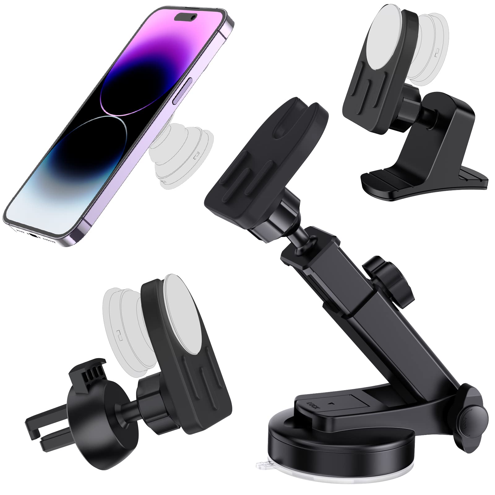 Car Phone Holder for Collapsible Grip/Socket Mount,3 in 1 Air Vent Car Mount,Dashboard Sticker Holder,Suction Cup Phone Holder,Socket Grip for Fits All Smartphone,Used On Car, Home,Office