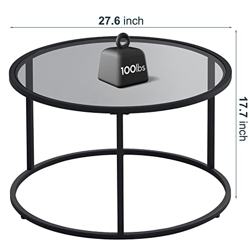 SAYGOER Round Coffee Table Glass Coffee Tables for Small Space Simple Modern Center Table for Living Room Home Office, Sofa Side Table with Metal Steel Frame, Easy Assembly, Gray Black