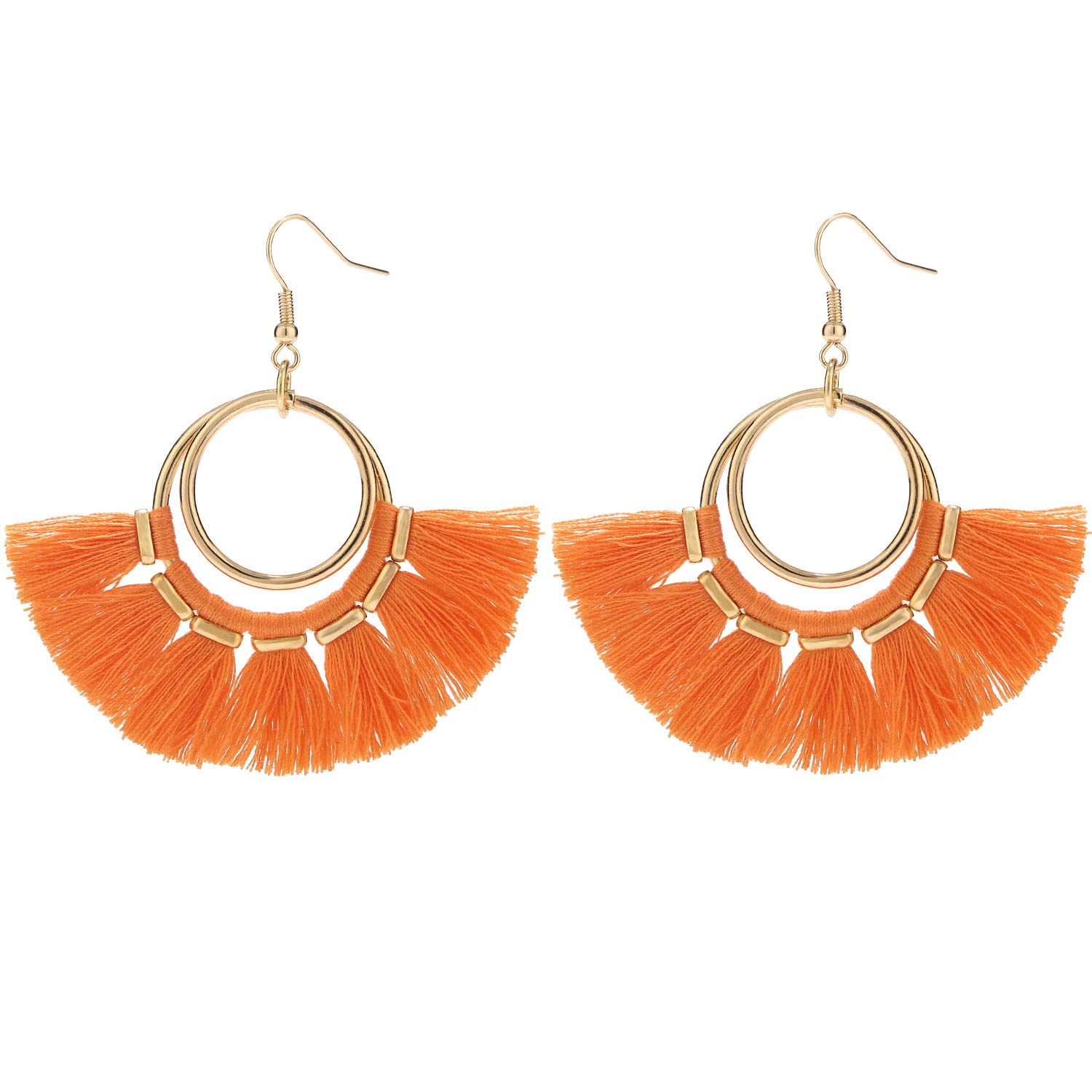 BaubleStar Fan Tassel Earrings Orange Bohemian Gold Hoop Dangle Fringe Drop Thread Tiered Layered Tassle Fashion Jewelry for Women
