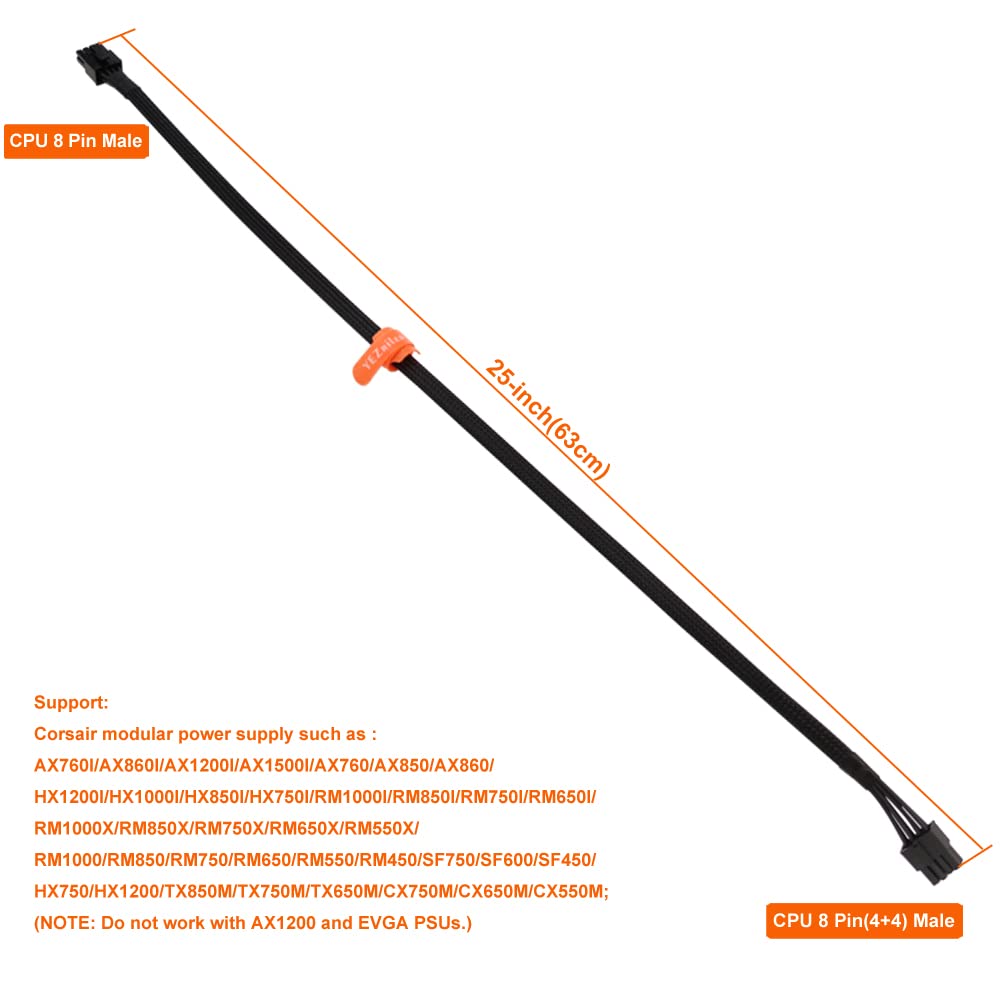 YEZriler CPU Cable for Corsair PSUs, CPU 8 Pin Male to CPU 8 Pin (4+4 Detachable) Male EPS-12V Motherboard Power Adapter Sleeved 25-inch (63cm)
