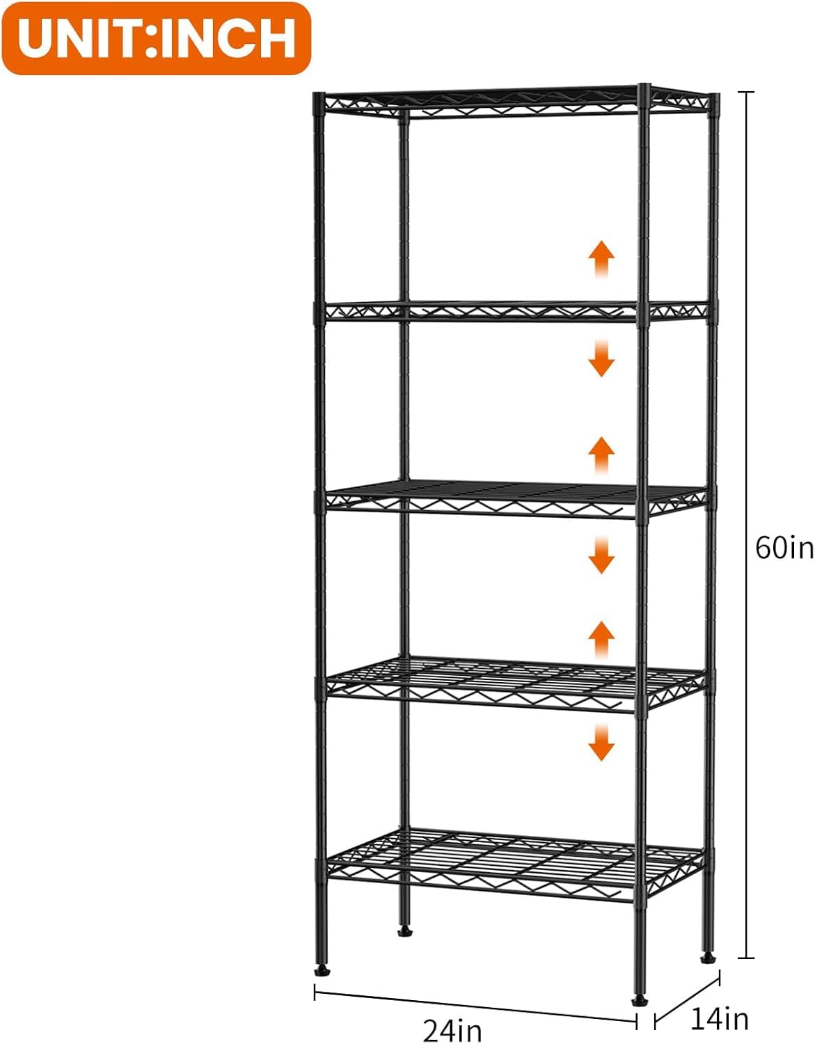 FLL Wire Shelving Unit 5-Tier NSF-Certified Heavy Duty Commercial Grade Metal Storage Shelves, 14" D x 24" L x 60" H Adjustable Wire Rack Shelving for Bathroom Kitchen Pantry Closet (Black)