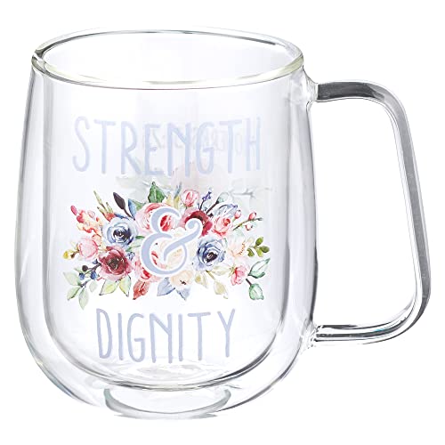 Christian Art Gifts Double Wall Insulated Clear Glass Coffee and Tea Mug for Women: Strength and Dignity - Proverbs 31:25 Inspirational Bible Verse, Hot and Cold Beverage with Handle, Pink, 10 oz.