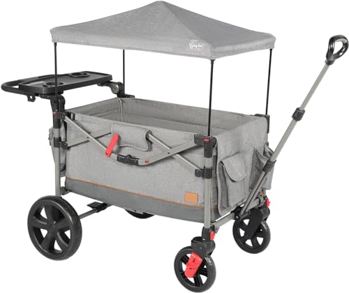 Busy Bee Foldable Wagon Stroller for 2 Kids, Push Pull Collapsible Kids Wagon with Adjustable Handle Bar, Removable Canopy, 5-Point Harness, Shock-Absorbing Wheels, Grey