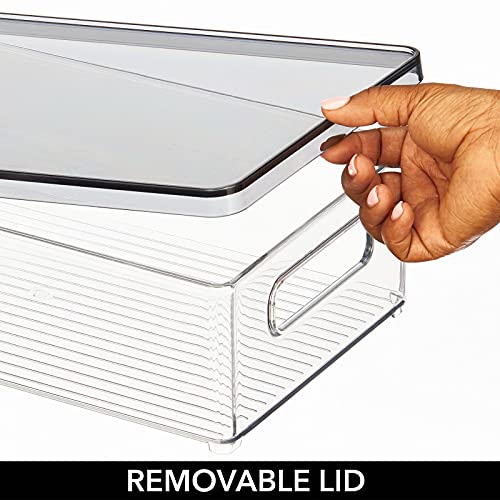 mDesign Small Plastic Stackable Bathroom Cabinet Storage Bin Box with Handles/Lid, Drawer Stacking Organizer for Soap, Lotion, Towels, and Accessories, Ligne Collection, 4 Pack, Clear/Smoke Gray, 15 x 8.5 x 4.2