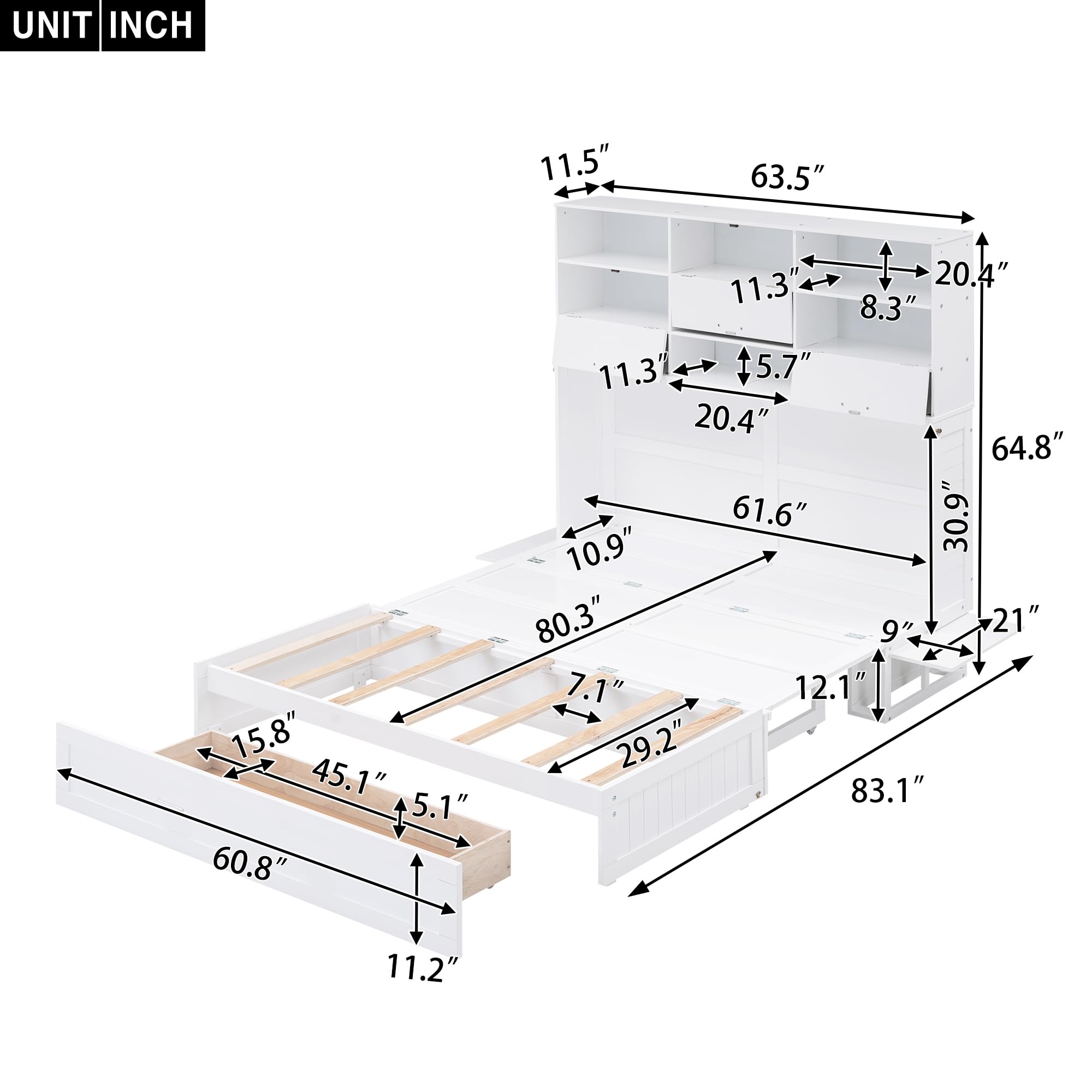 BIADNBZ Queen Size Murphy Bed, Space-Saving Wall Cabinet Beds with Bookcase Storage, Bedside Shelves and a Big Drawer for Guest Room Home, White