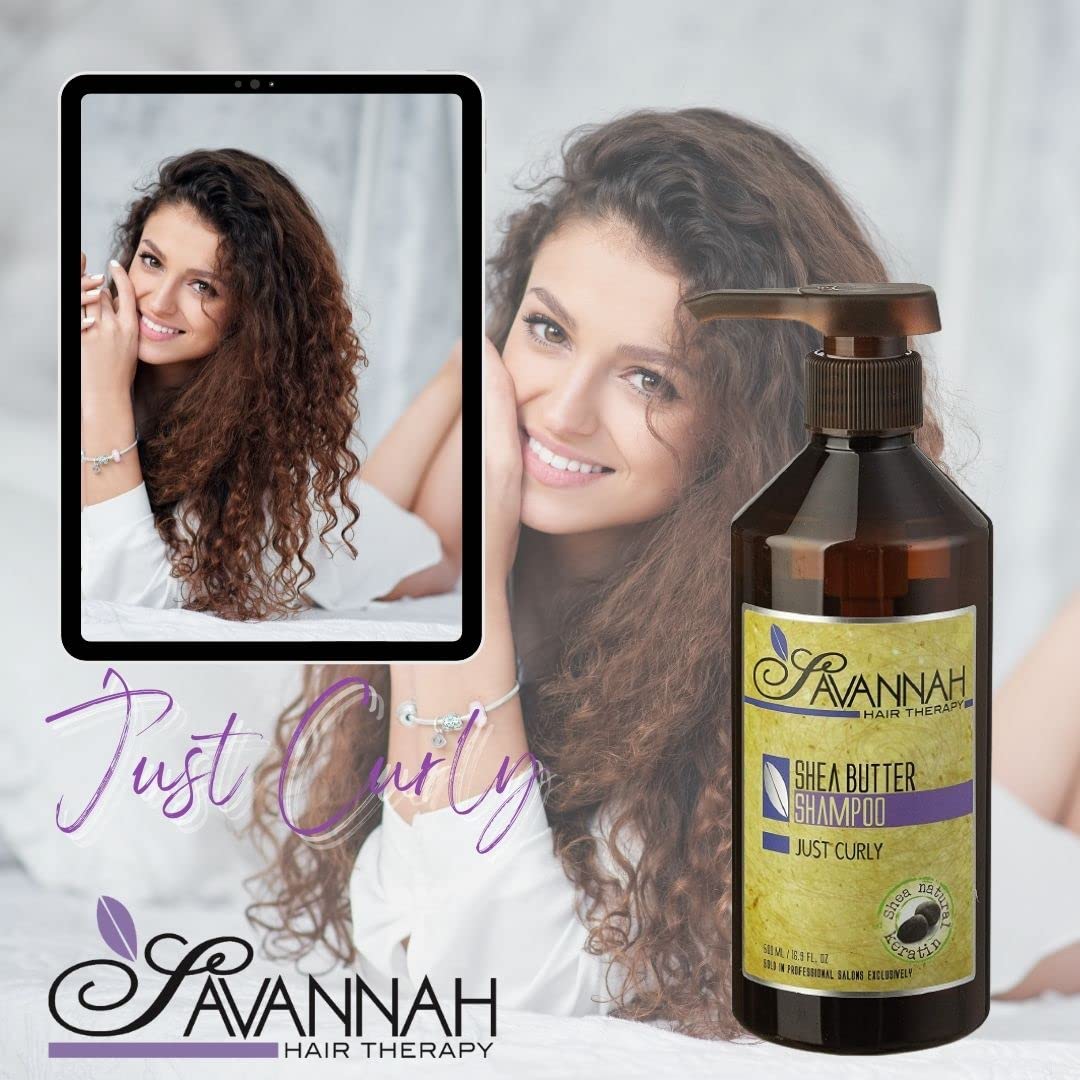 Savannah Hair Therapy Bundle - Just Curly Shampoo (16.9 oz) + Conditioner (16.9 oz) Shea Butter, Cotton and Silk Protein and Vitamin B6 - For Dry, Curly and Damaged Hair