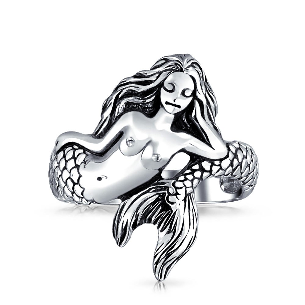 Bling Jewelry Nautical Marine Life Tropical Beach Nymph Siren Mermaid Ring For Women Oxidized .925 Sterling Silver 2MM Band