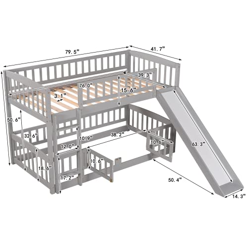 BIADNBZ Twin Over Twin Bunk Bed with Slide, Fence and Ladder, Solid Wood Low Bunkbed Bedframe for Kids Boys Girls Bedroom, Gray