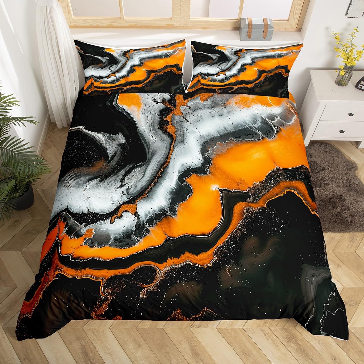 Erosebridal Black Marble Duvet Cover Full Gold Orange Watercolor Bedding Set, White Goldern Marbling Bed Set Modern Aesthetic Comforter Cover, Metallic Sequin Bedding Luxurious Bedroom Decoration