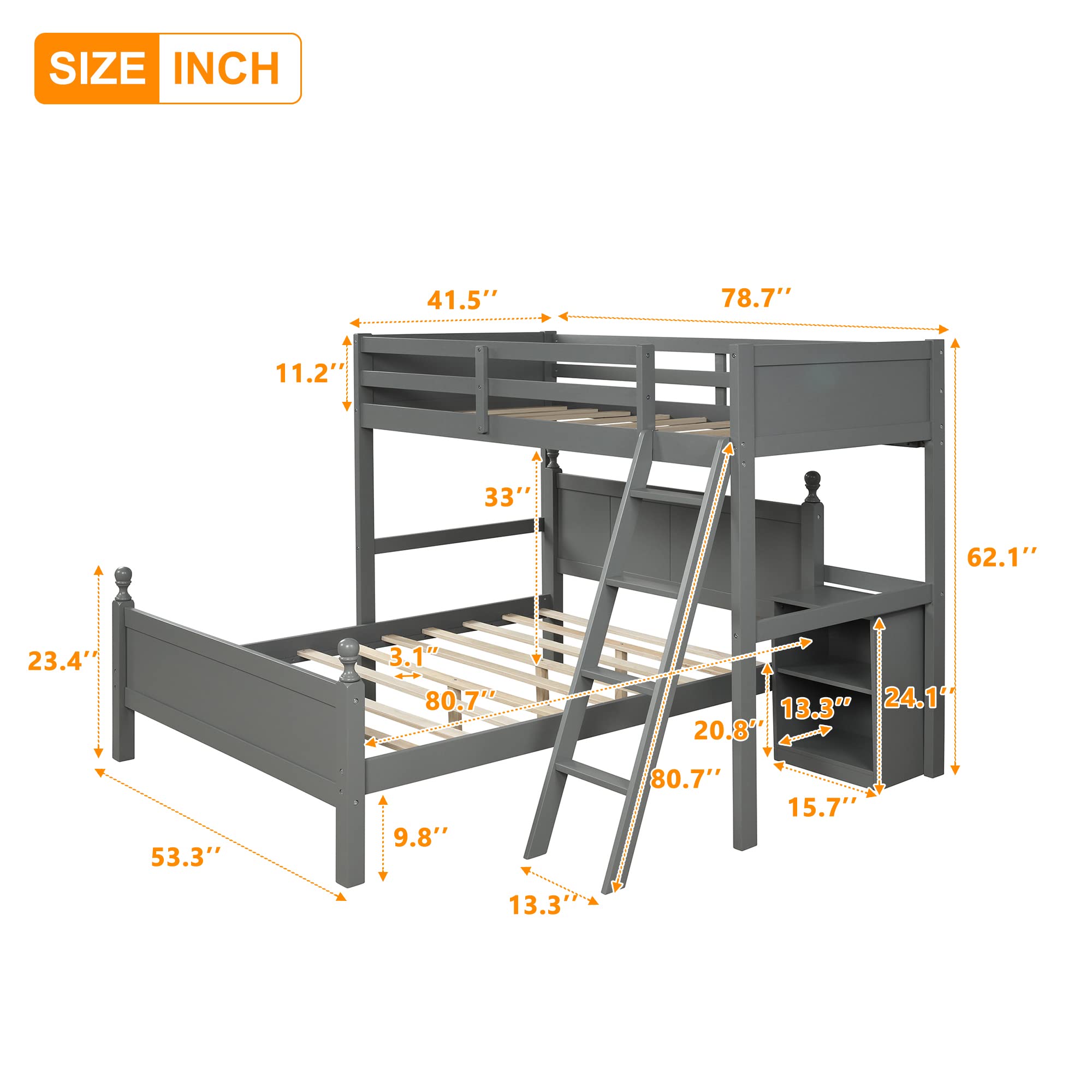 BIADNBZ Twin Over Full Bunk Bed L-shaped with Storage Cabinet, Wooden Bunkbeds Can be Converted to Loftbed and Platform Bedframe, for Kids Teens Adults, Gray